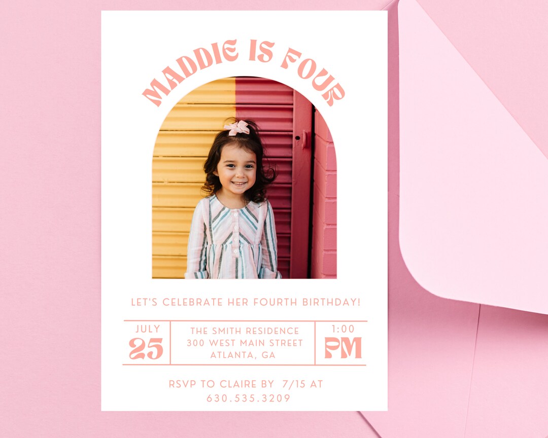 4th Birthday Invitation With Photo | Minimalist 4th Birthday Invite ...