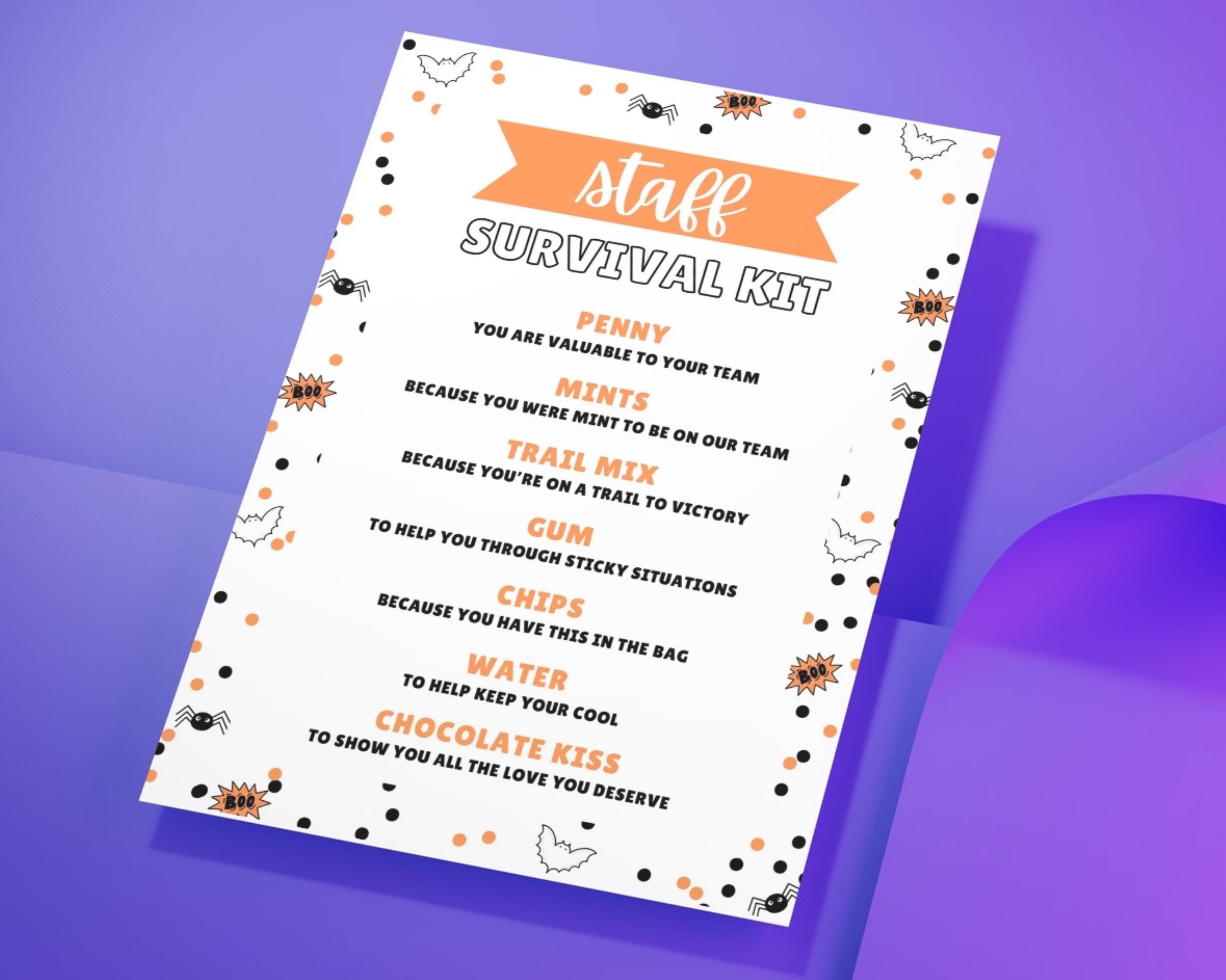Halloween Survival Kit for Employees Printable | Staff Halloween Gift ...