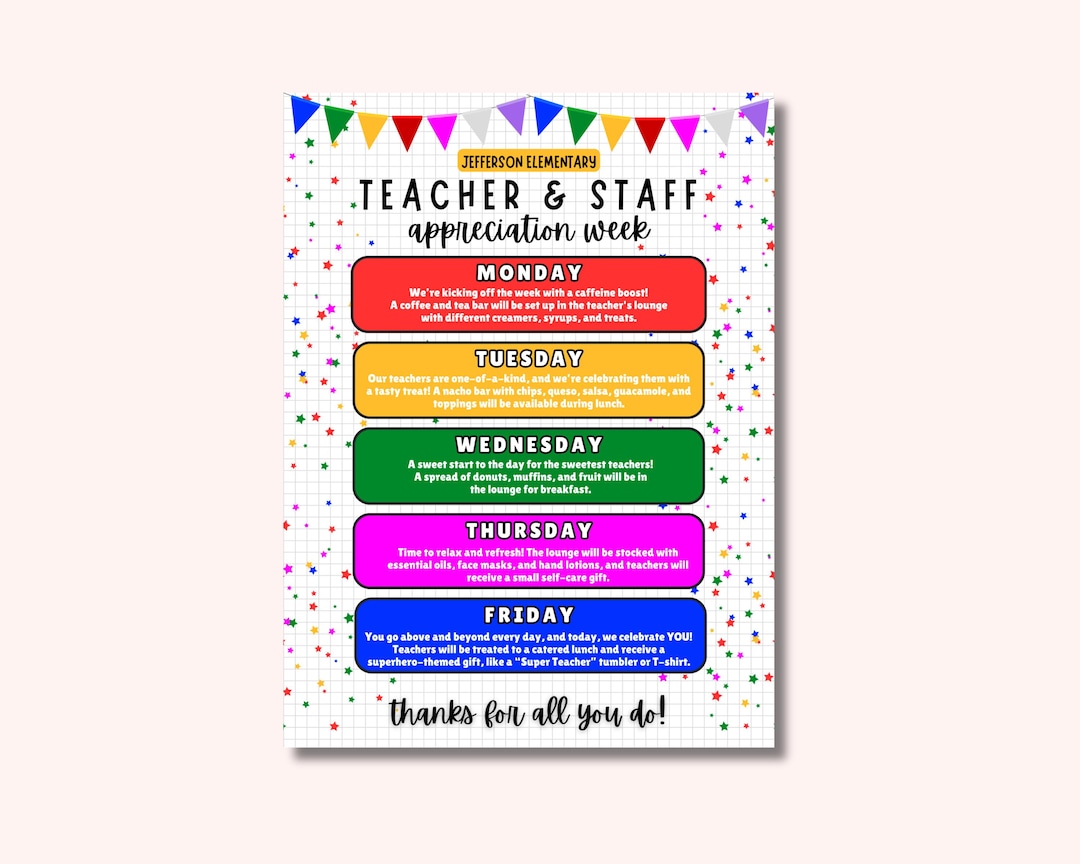Editable Teacher Appreciation Week Flyer | Itinerary | Daily Theme ...