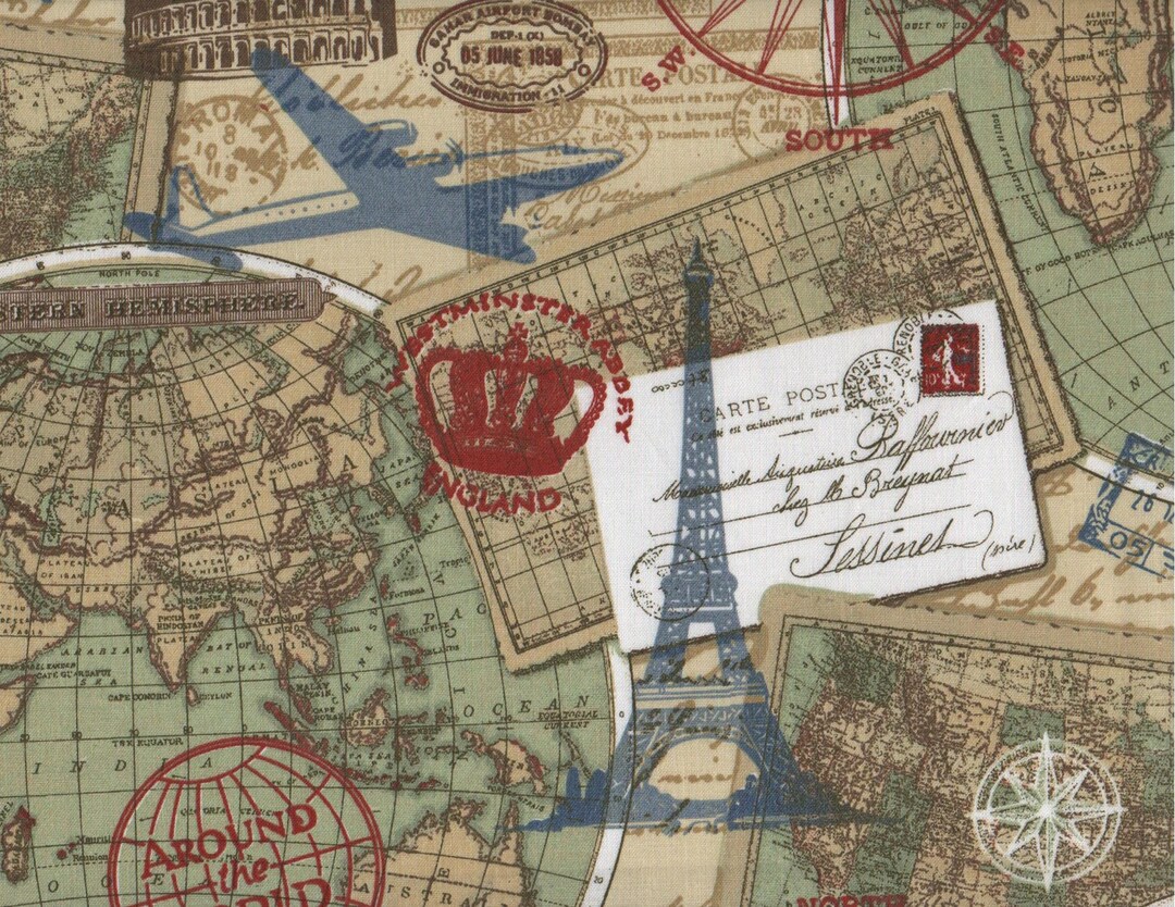 Vintage Map Fabric FQ, Around the World Cotton Fat Quarter, Paris ...