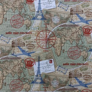 Vintage Map Fabric FQ, Around the World Cotton Fat Quarter, Paris ...