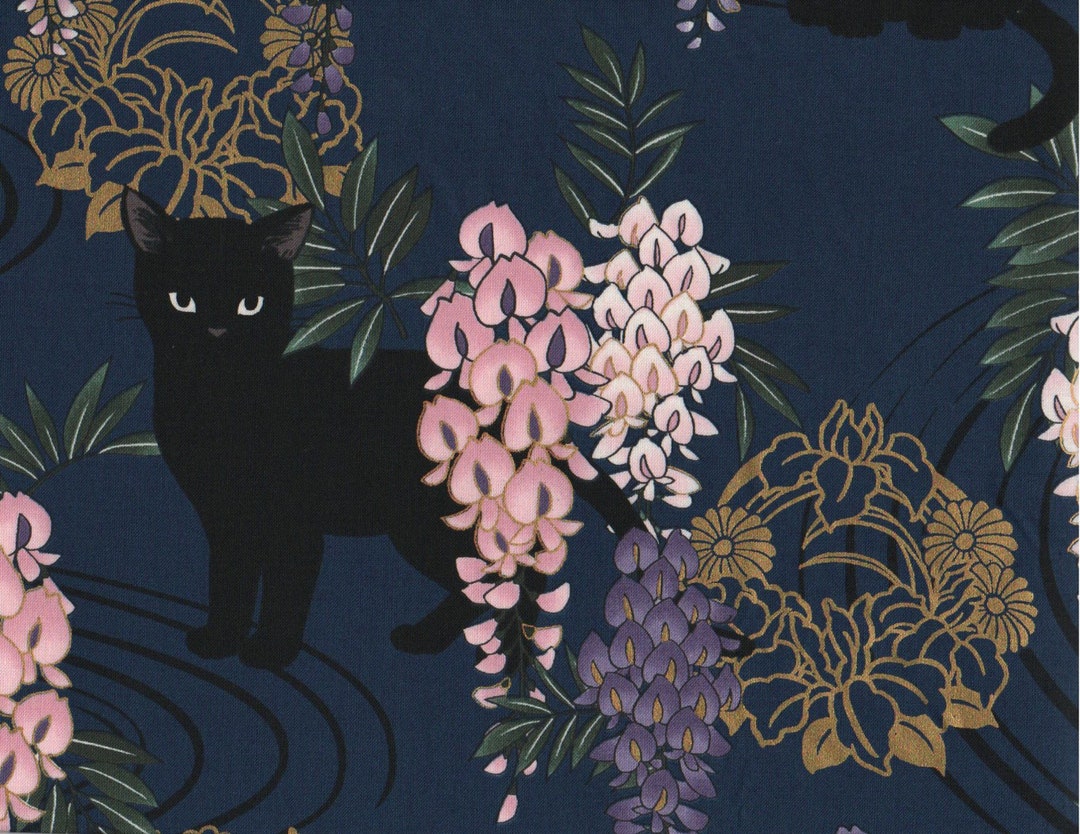 Navy Blue Cat Fabric FQ, Japanese Hyakka Ryoran Neko Cotton Fat Quarter ...