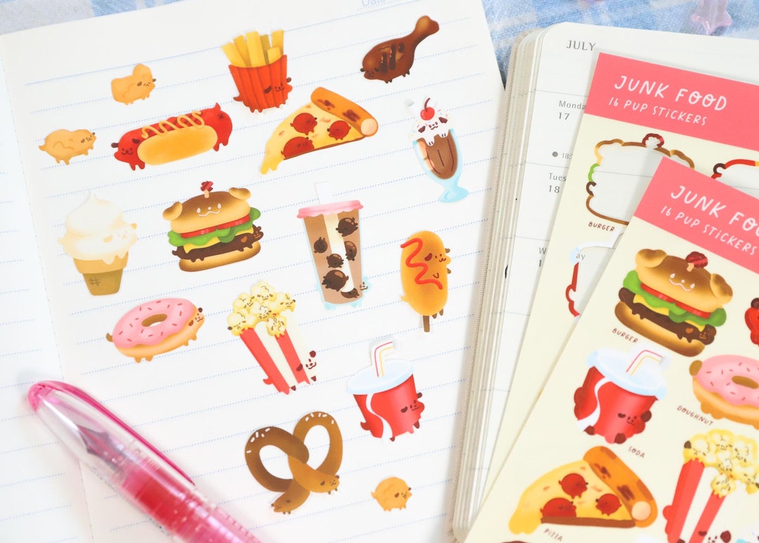 Junk Food Dog Sticker Sheet| Fried Food, Cute Food, Fast Food, Snack ...