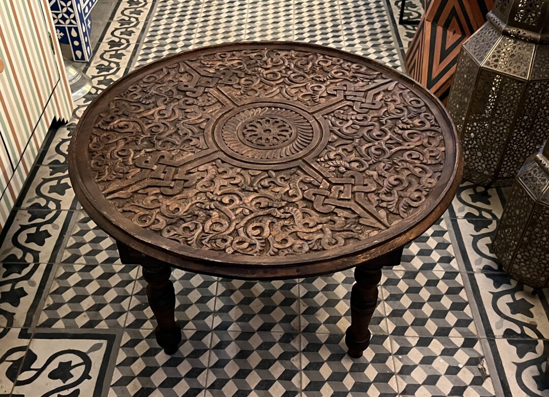 Arabic Table, Unique Coffee Table. Carved Coffee Table, Round Wooden ...
