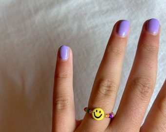 Beaded Smiley Face Ring Happy Face Seed Bead Ring Colorful Rainbow ...