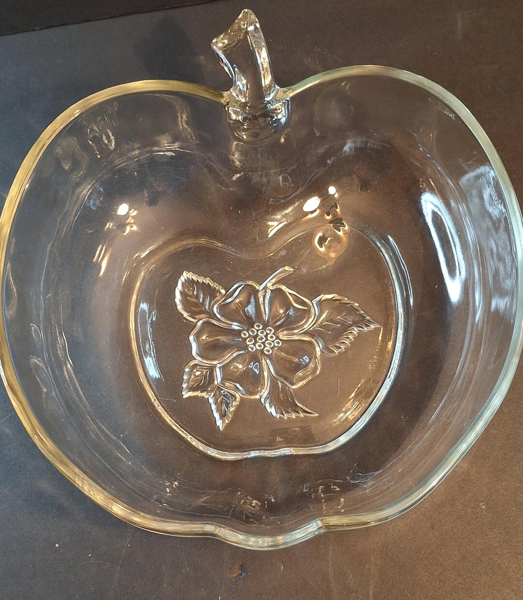 Vintage Hazel Atlas Apple-shaped Bowl – Engraved Apple Blossom Design ...