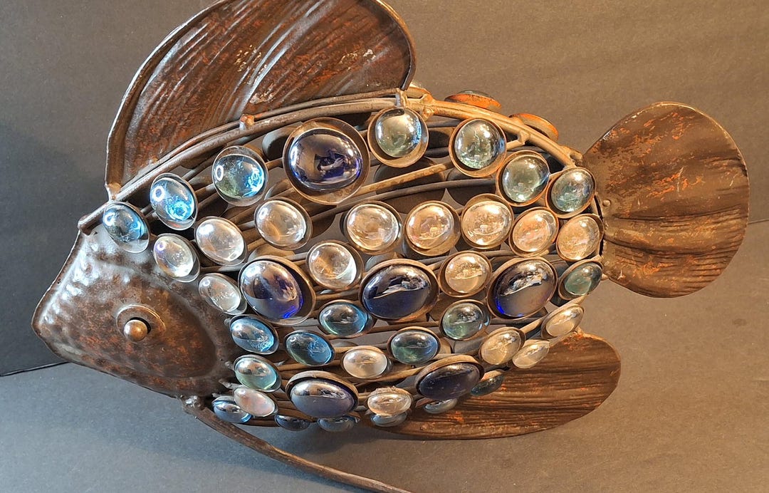 Large Metal Fish Hand-crafted Sculpture With Faux Blue and White Stones ...