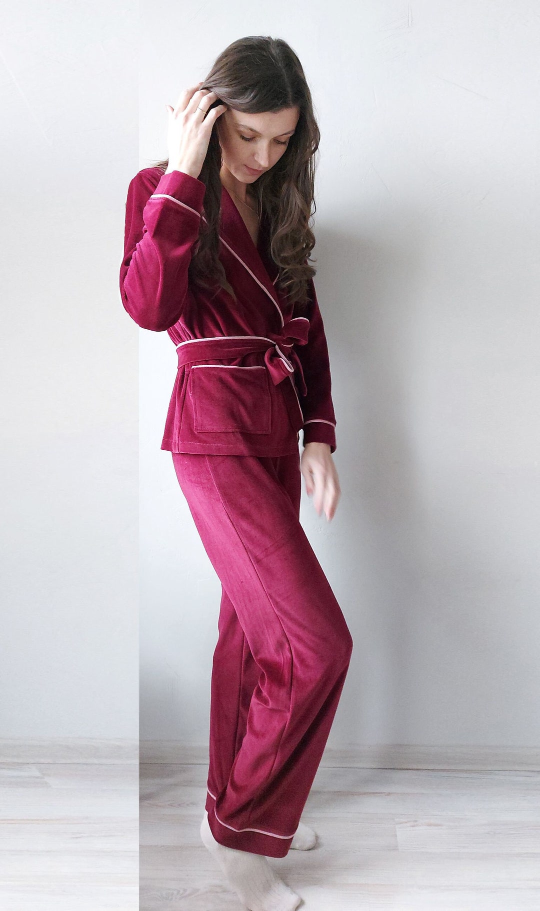 Luxurious Velour Pajama Set: Long Sleeve, Wine (burgundy) & More Colors ...