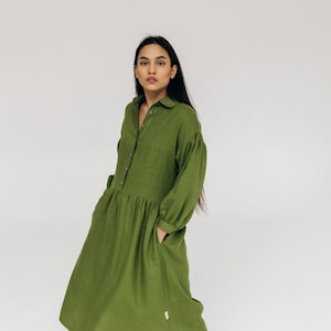 Green Linen Smock Dress, Long Linen Dress, Women Linen Wear, Linen ...