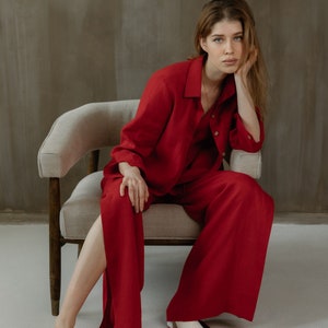 Red Linen Suit Set: Tailored Vest & Wide Leg Palazzo Pants - Etsy