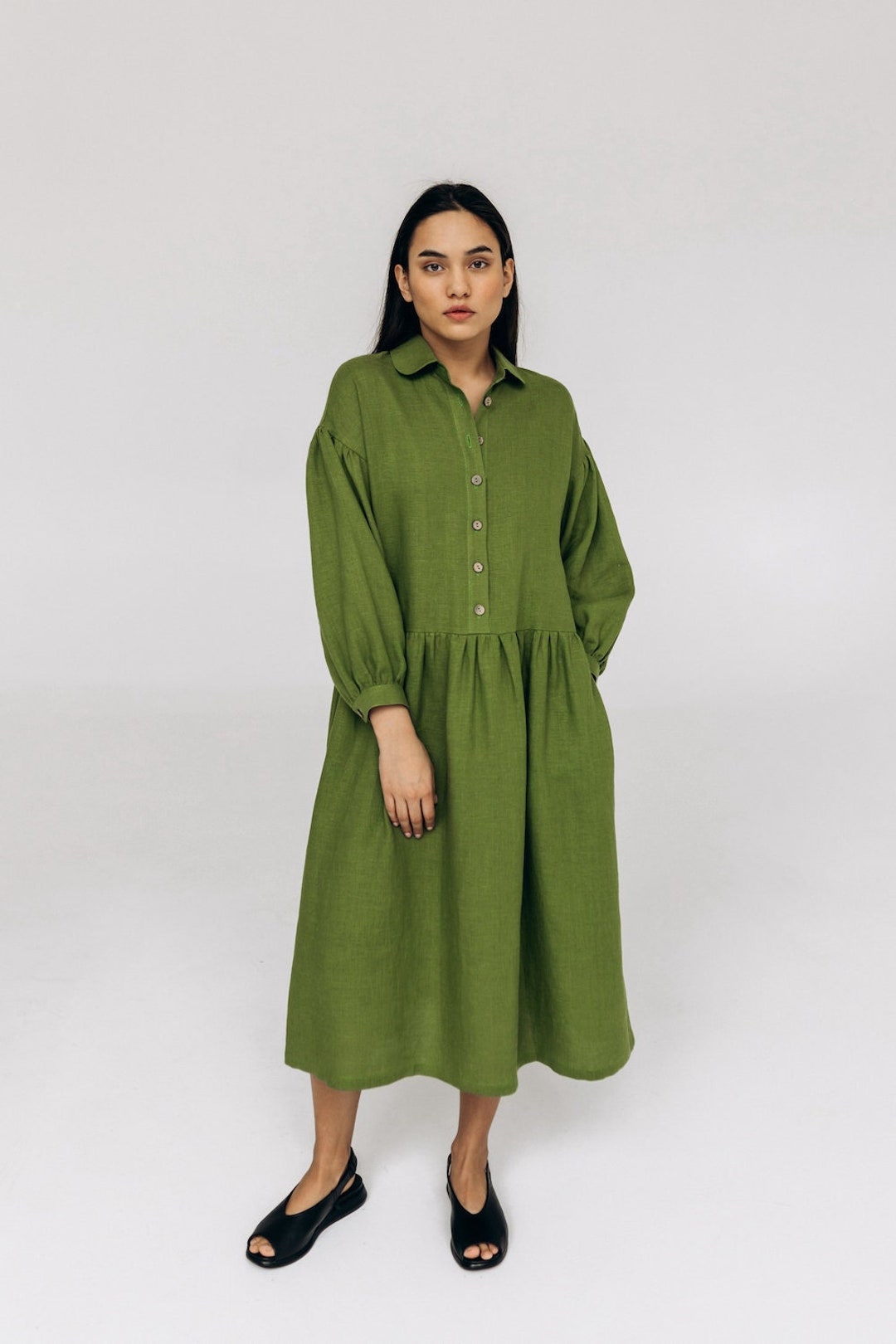Green Linen Smock Dress, Long Linen Dress, Women Linen Wear, Linen ...