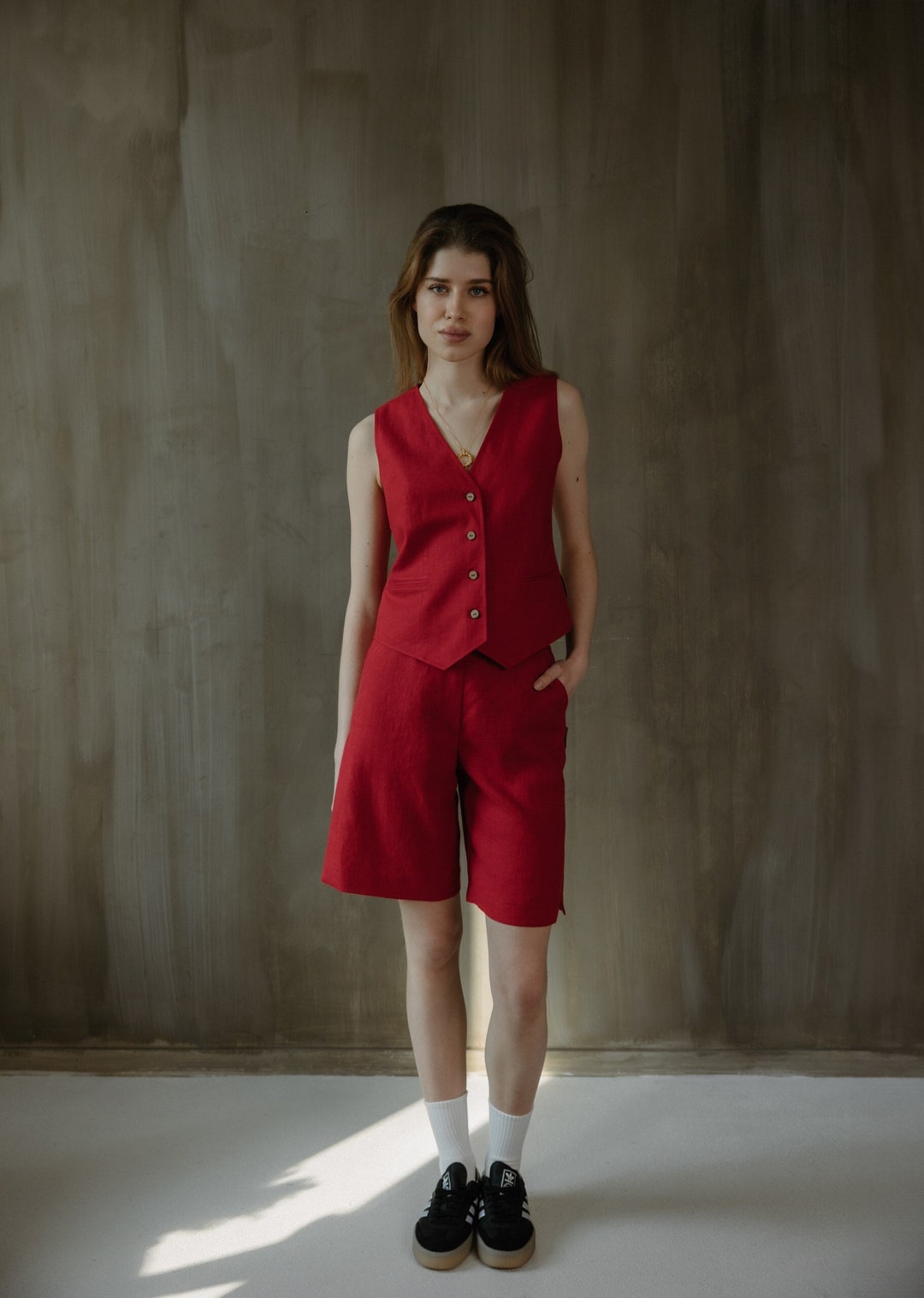 Red Linen Vest and Shorts Set: Handmade Summer Outfit - Etsy