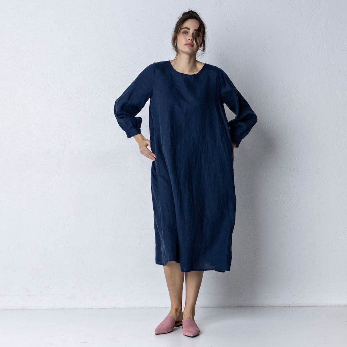 Blue Linen Dress: Long Sleeve Midi Dress With Pockets - Etsy