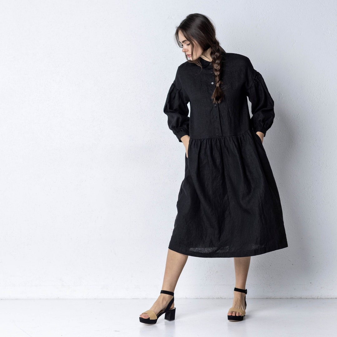 Black Linen Dress, Linen Long Smock Dress, Loose Fit Women Linen Wear ...