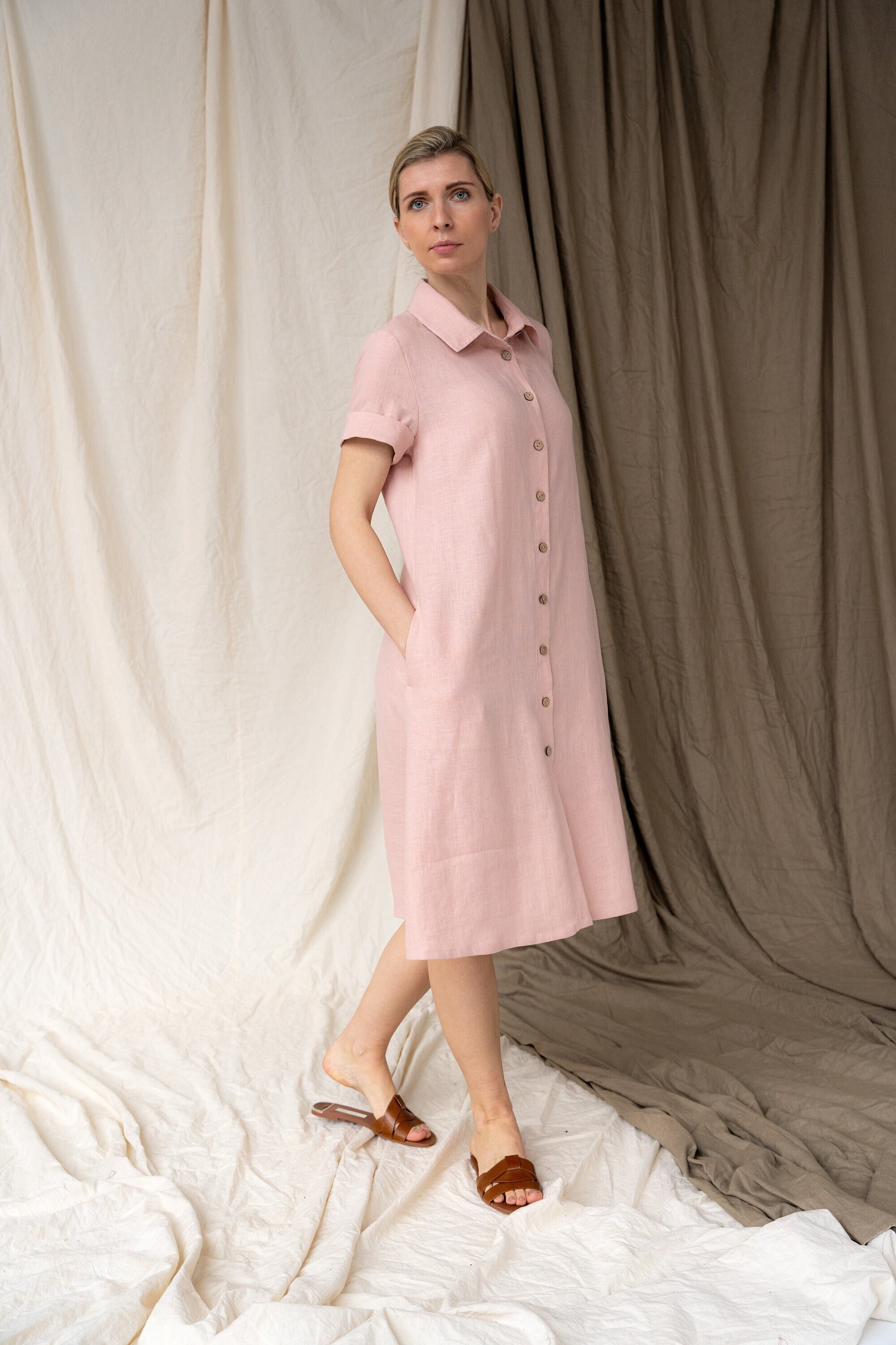 Romantic Simple Linen Dress With Belt Midi Length Buttoned - Etsy