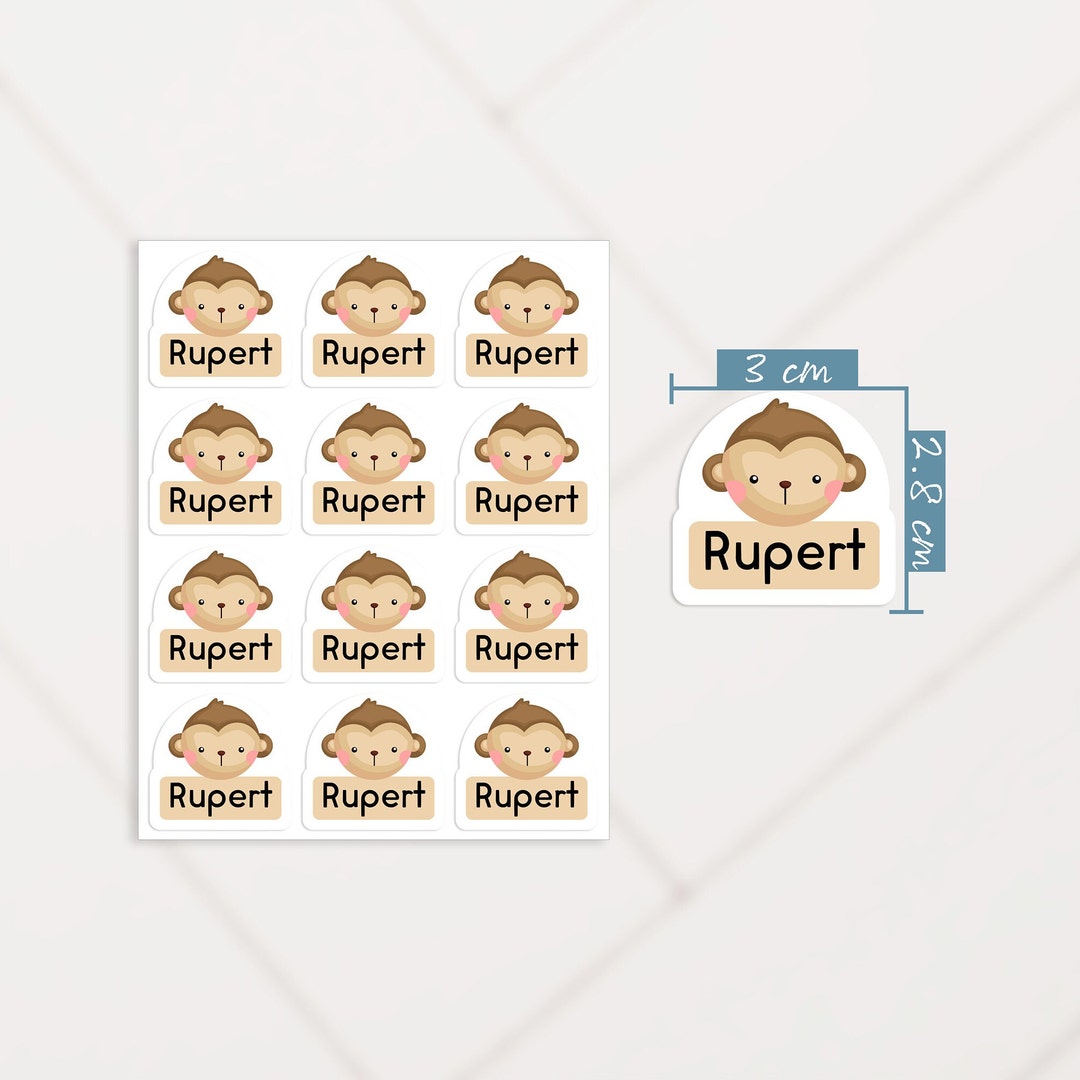 Kawaii Monkey Name Tag Labels, Monkey Sticker With Name, School ...