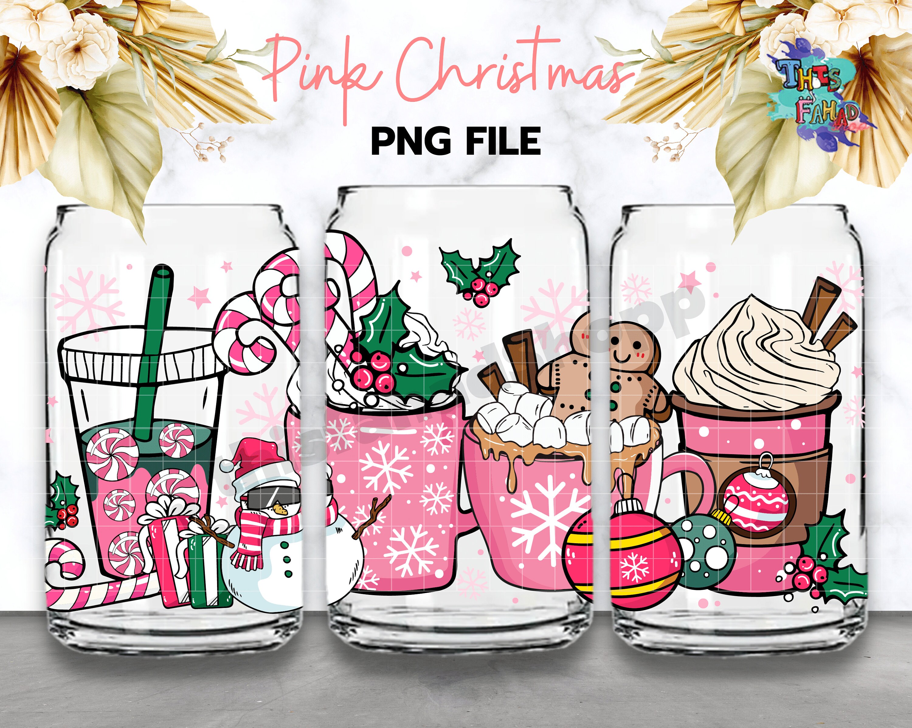 Pink Christmas Coffee 16oz Can Glass, Christmas Hand Drawn Pink Cozy ...