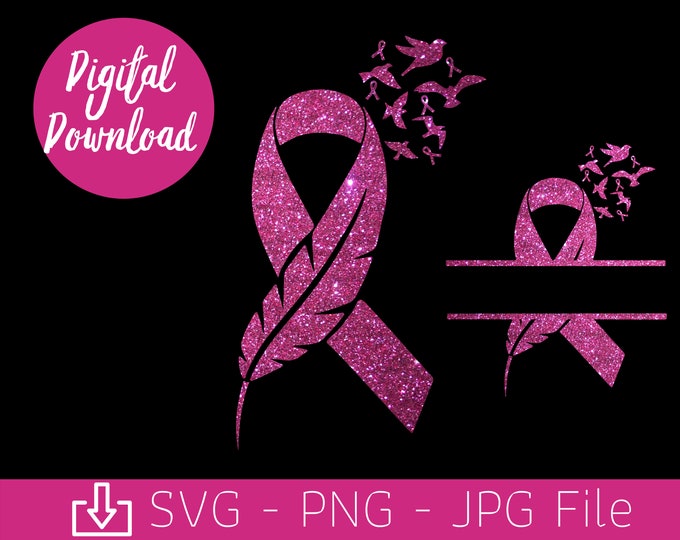 Breast Cancer Svg Split Svg Ribbon Feather and Birds SVG Breast Cancer ...