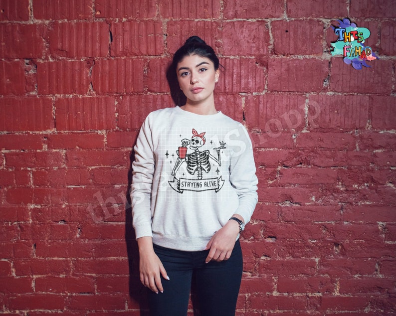 Staying Alive SVG, Funny Halloween Svg Shirt Design, Skeleton Coffee ...