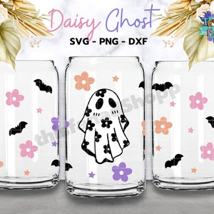 Daisy Ghost Can Glass Wrap Svg, Floral Ghost SVG, Halloween Can Glass ...