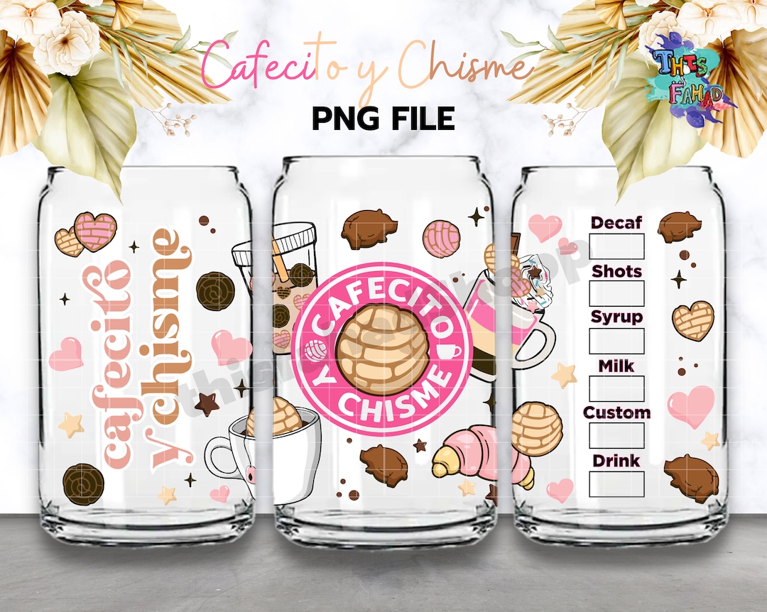 Cafecito Y Chisme 16oz Can Glass, Hand Drawn Mexican Concha PNG Pan ...