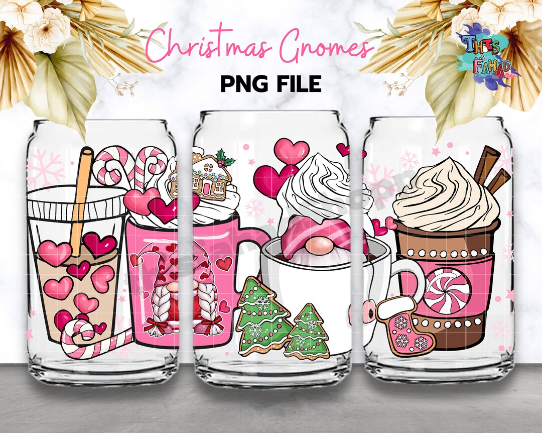 Pink Christmas Gnomes 16oz Can Glass, Pink Gnomes Hand Drawn Pink Cozy ...
