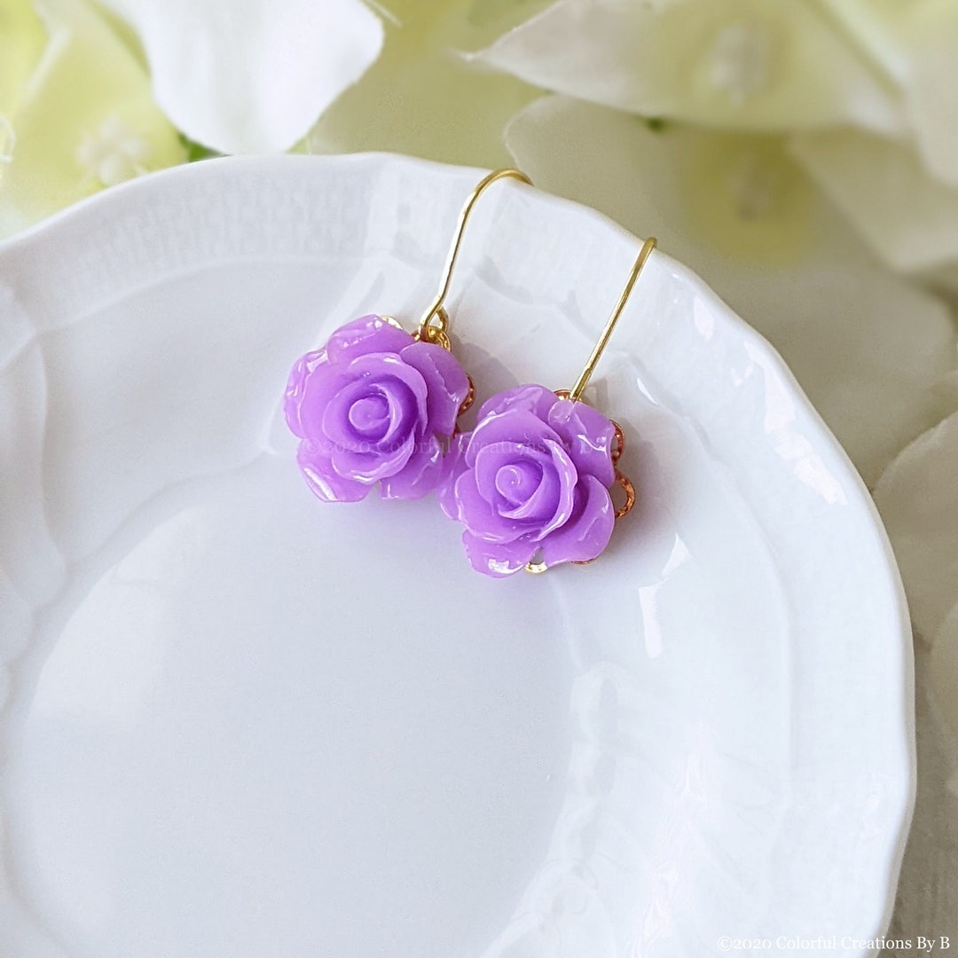 Dainty Purple Rose Dangle Earrings / Purple Rose With Gold Leaf Dangle ...