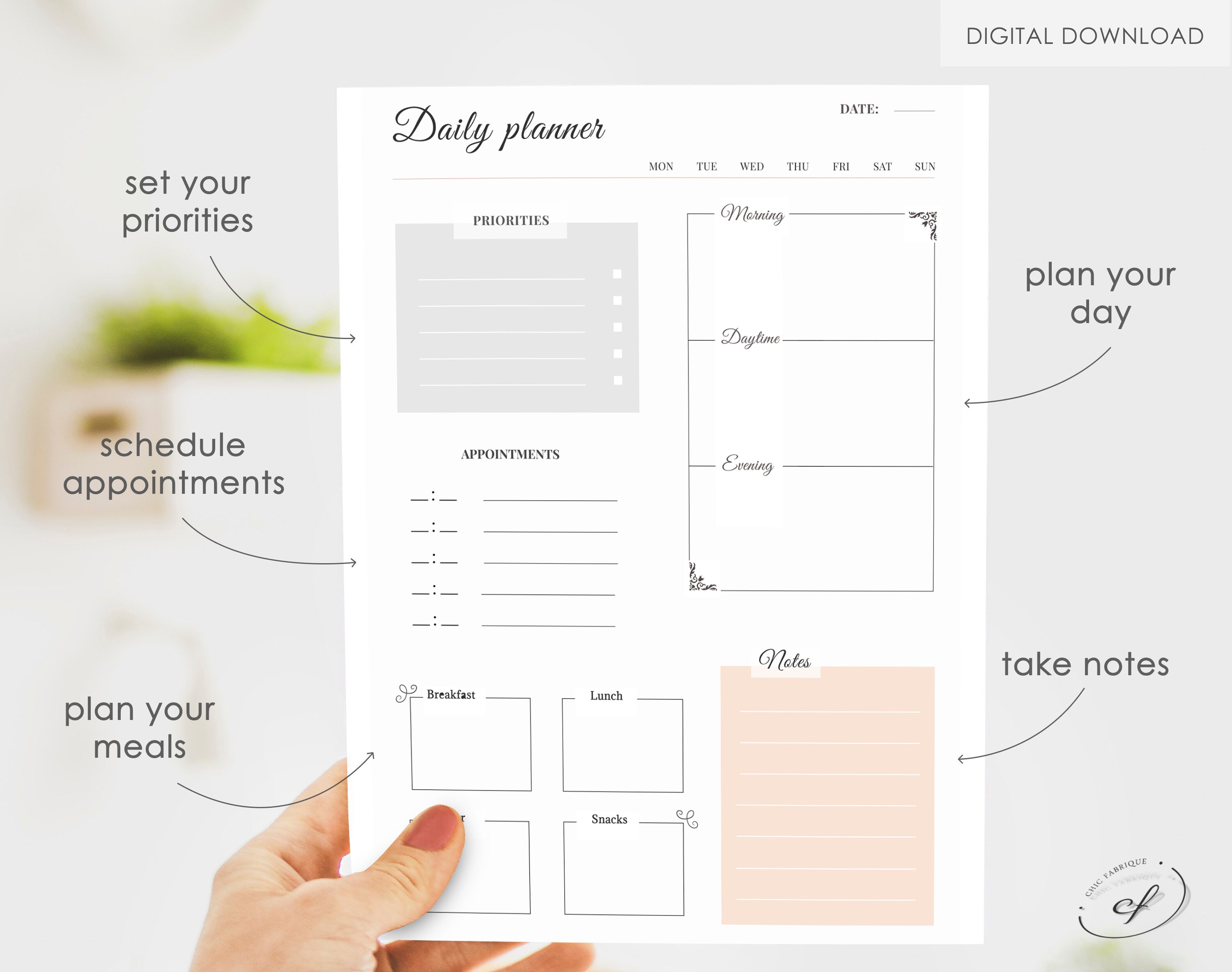 Daily Planner Elegant Printable, Feminene Daily Planning in High ...