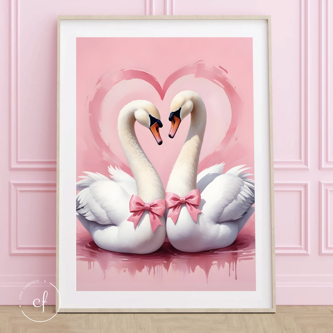 Coquette Swan Lovers Print, Swans Heart, Pink Bows Artwork, Pink Preppy ...