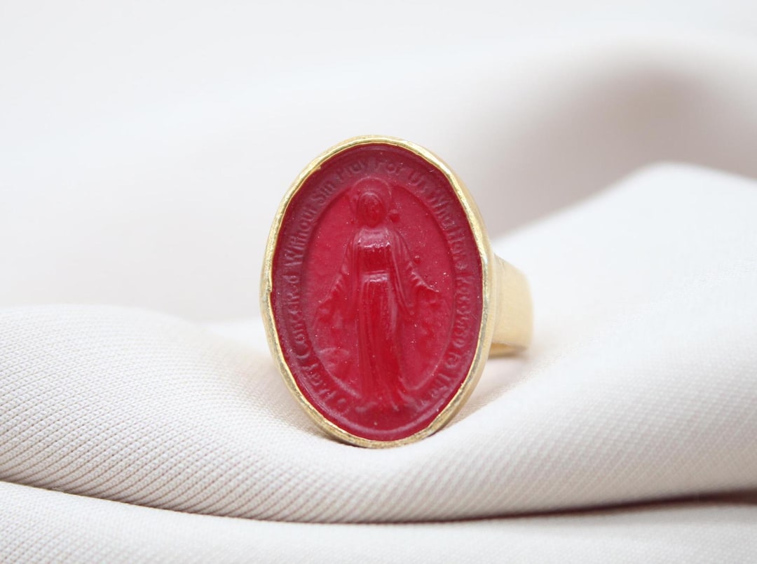 Handmade Virgin Mary Ring, Intaglio Glass, Gold Plated Sterling Silver ...