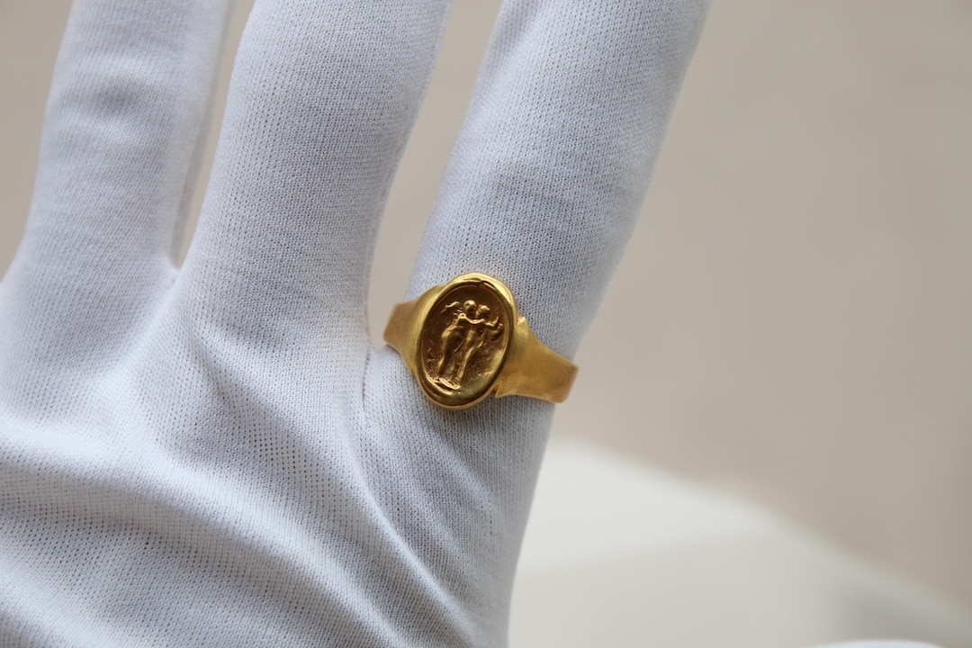 Eros and Aphrodite Signet Ring, Gold Plated Sterling Silver, Greek ...