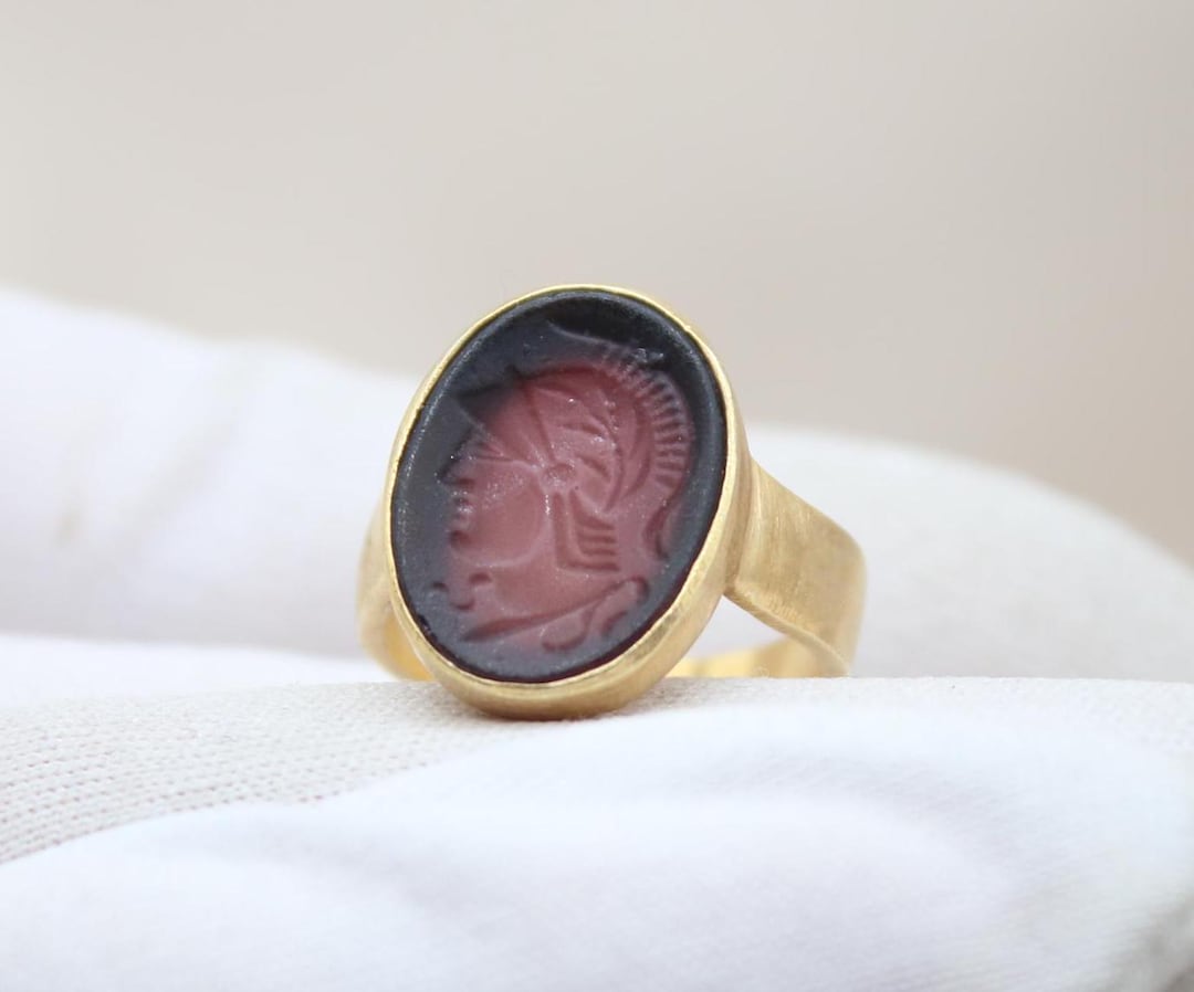 Vintage Roman Colonel Intaglio Ring, Handmade Gold Plated 925 Sterling ...
