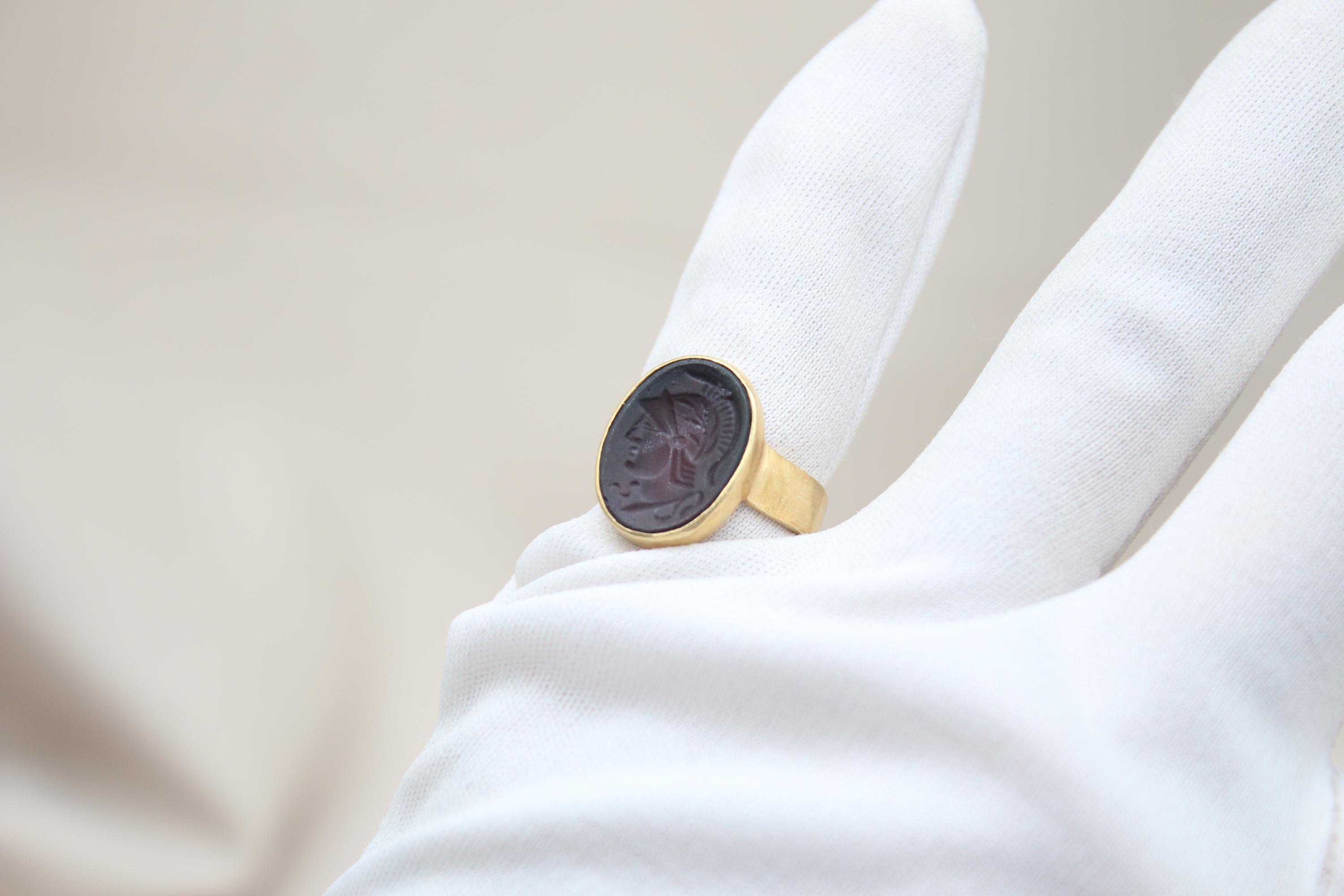 Vintage Roman Colonel Intaglio Ring, Gold Plated Sterling Silver Signet ...