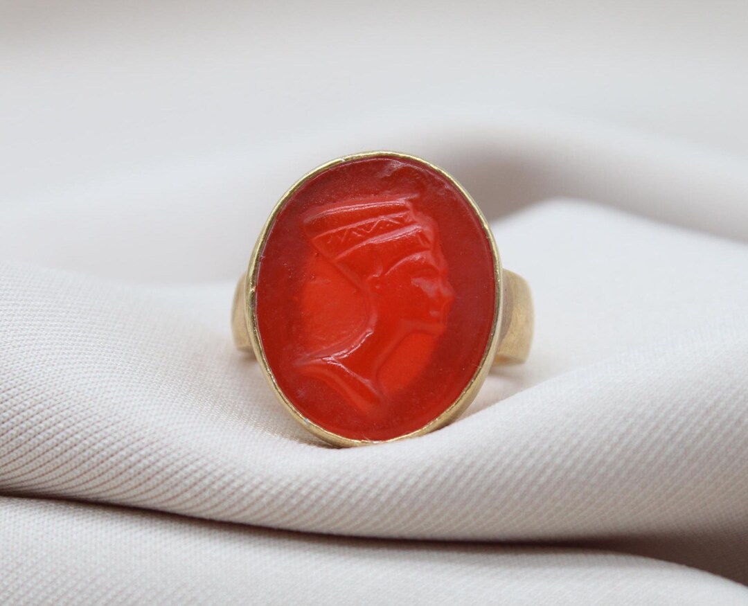 Nefertiti Cameo Ring, Carnelian Intaglio, Gold Plated Sterling Silver ...