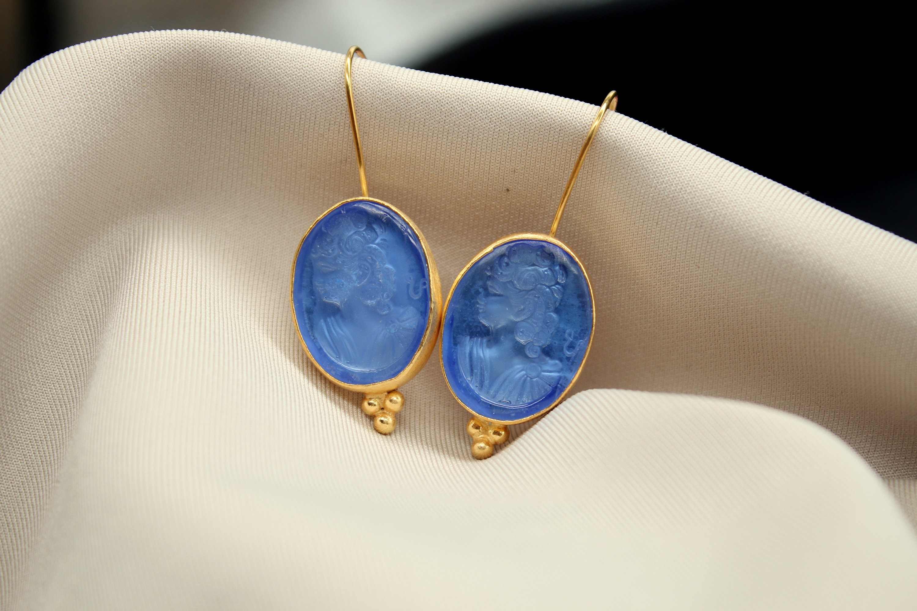Medieval Female Figure Intaglio Glass Silver Earrings \\ Greek ...