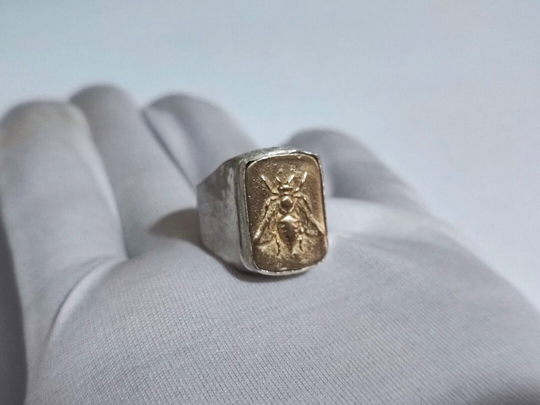 Men Bee Silver Signet Ring Roman Coin Sterling Silver Ring 24k Gold ...