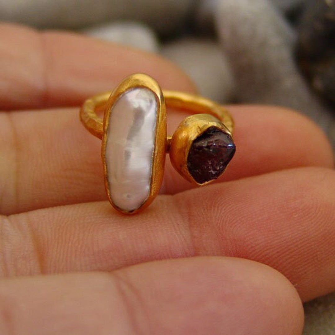 Pearl and Raw Ruby Silver Ring Handmade Gift - Etsy