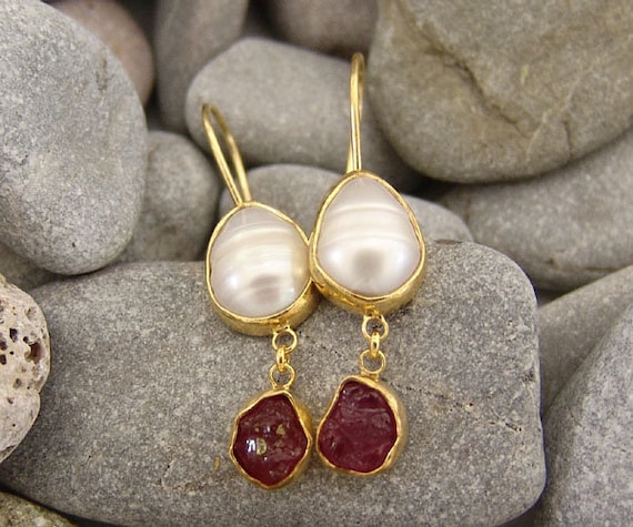 Pearl and Raw Ruby Earrings 925K Sterling Silver Elegant | Etsy