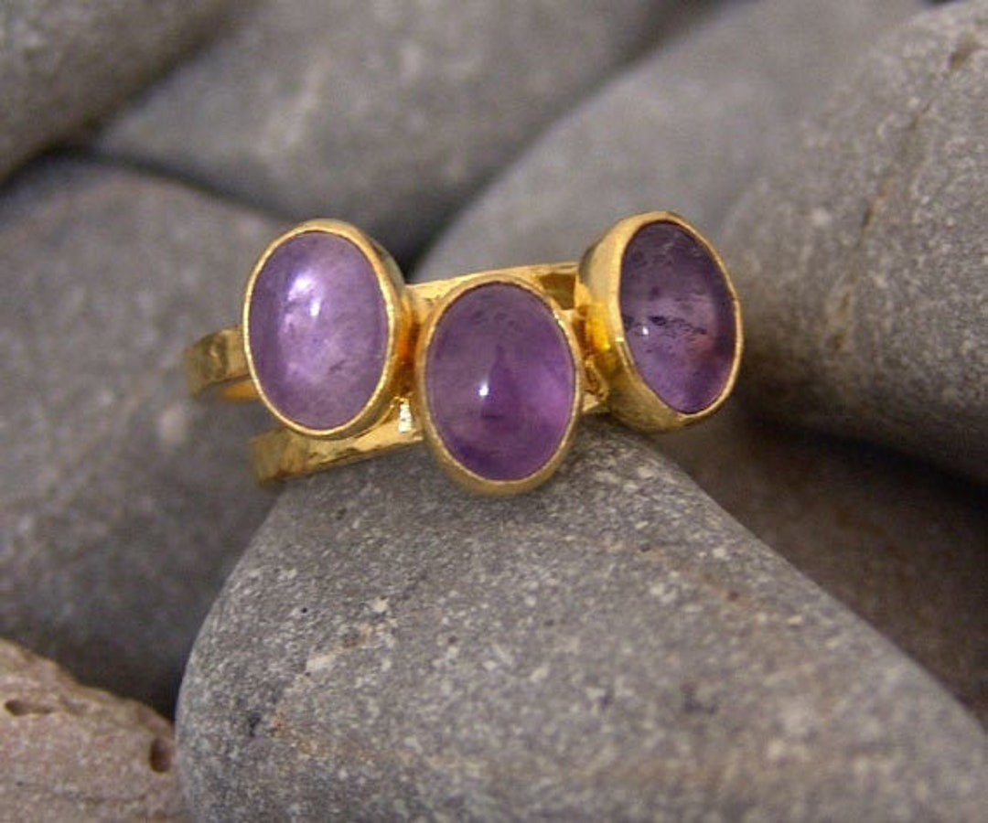 Three Stone Amethyst Ring Sterling Silver Citrine Ring Adjustable Ring ...