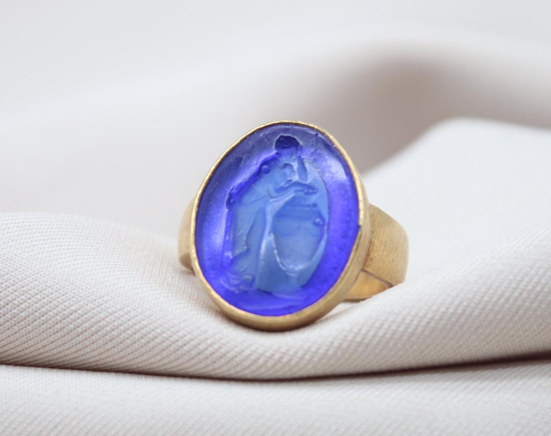 Ancient Greek Intaglio Ring, Handmade Blue Glass Cameo, 925 Sterling ...
