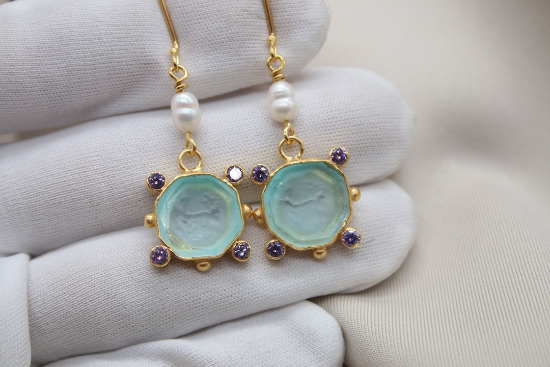 Intaglio Glass Greek Angel and Pearl Silver Stud Earrings Greek Jewelry ...