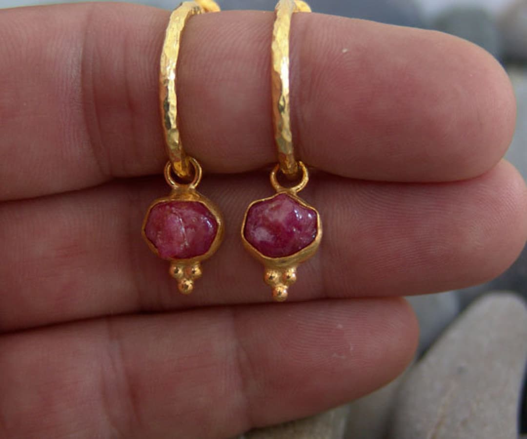Handmade Raw Ruby Dangle Earrings, 925K Sterling Silver Gold Over - Etsy