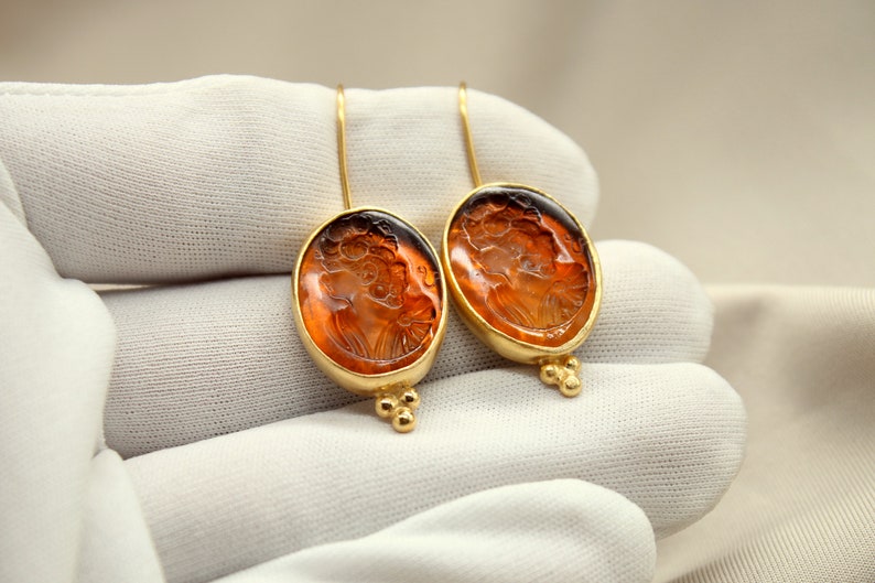 Medieval Female Figure Intaglio Glass Silver Earrings \\ Greek ...