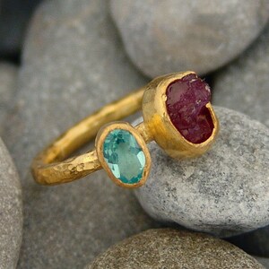 Sterling Silver 925K Gold Over 24K Handmade Three Stone Natural Rough ...
