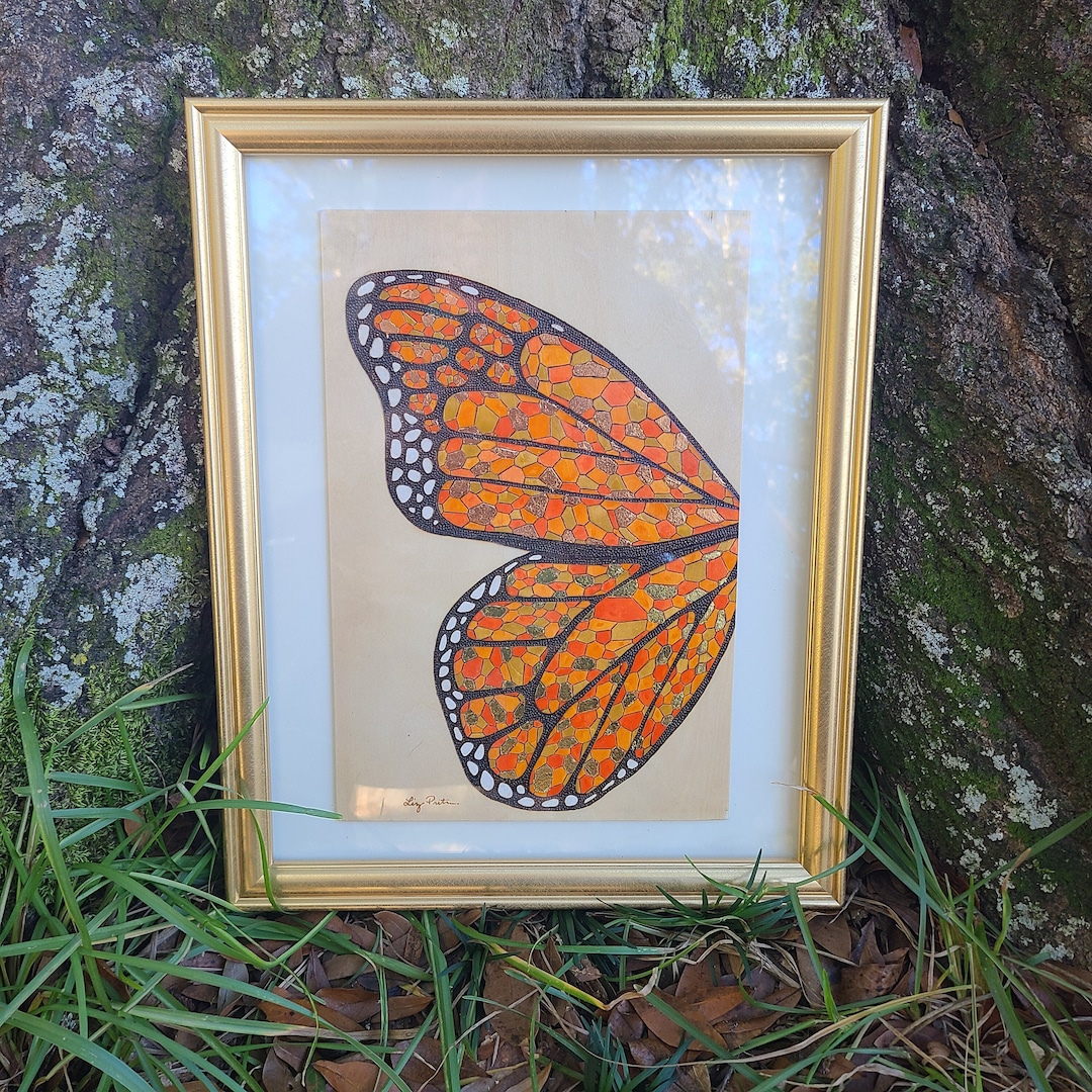 Monarch Butterfly Framed Pyrography, Watercolor & Foil Art, Stained ...
