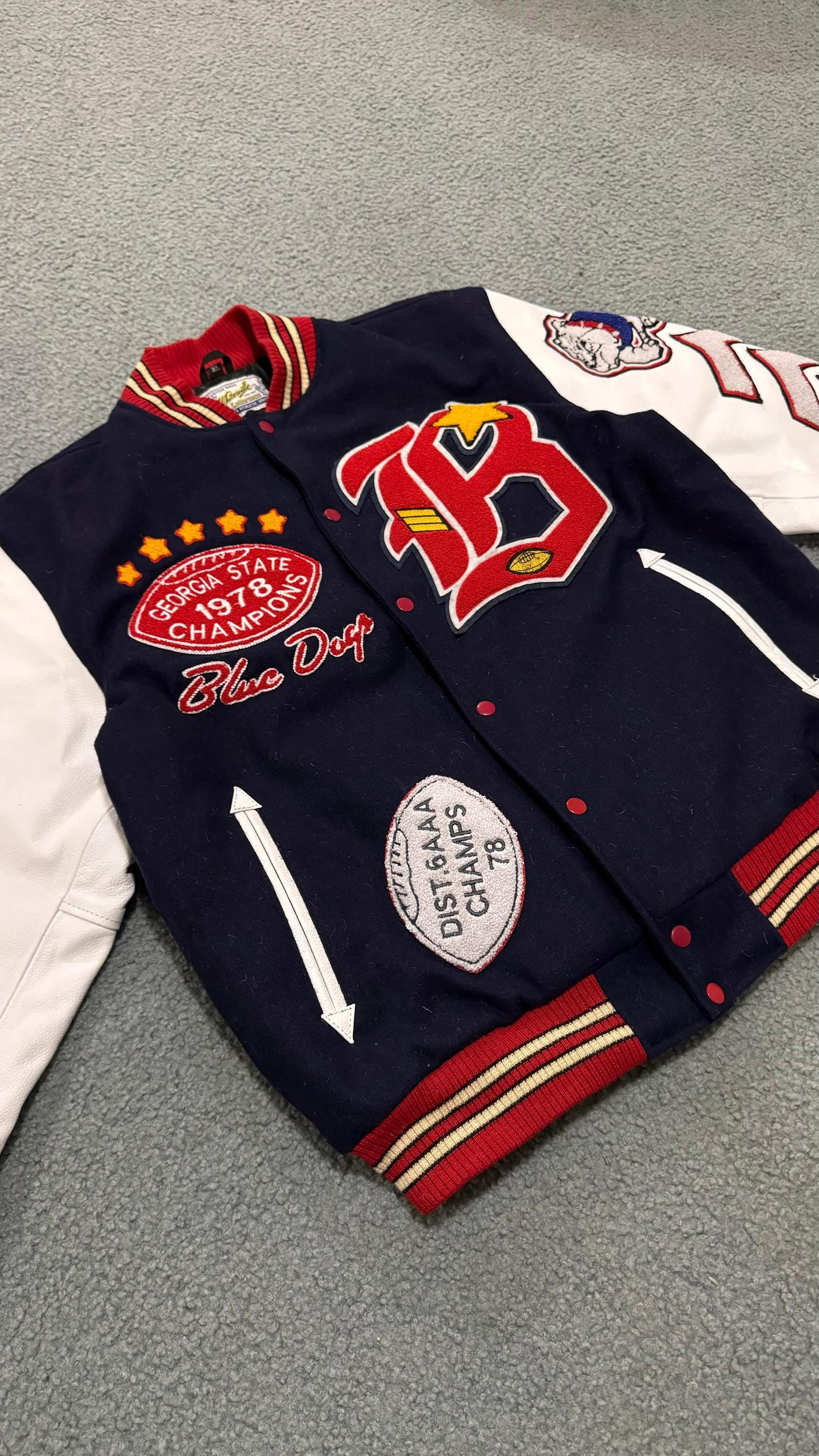 Navy Varsity Letterman Jacket With Chenille Patches and Leather Sleeves ...