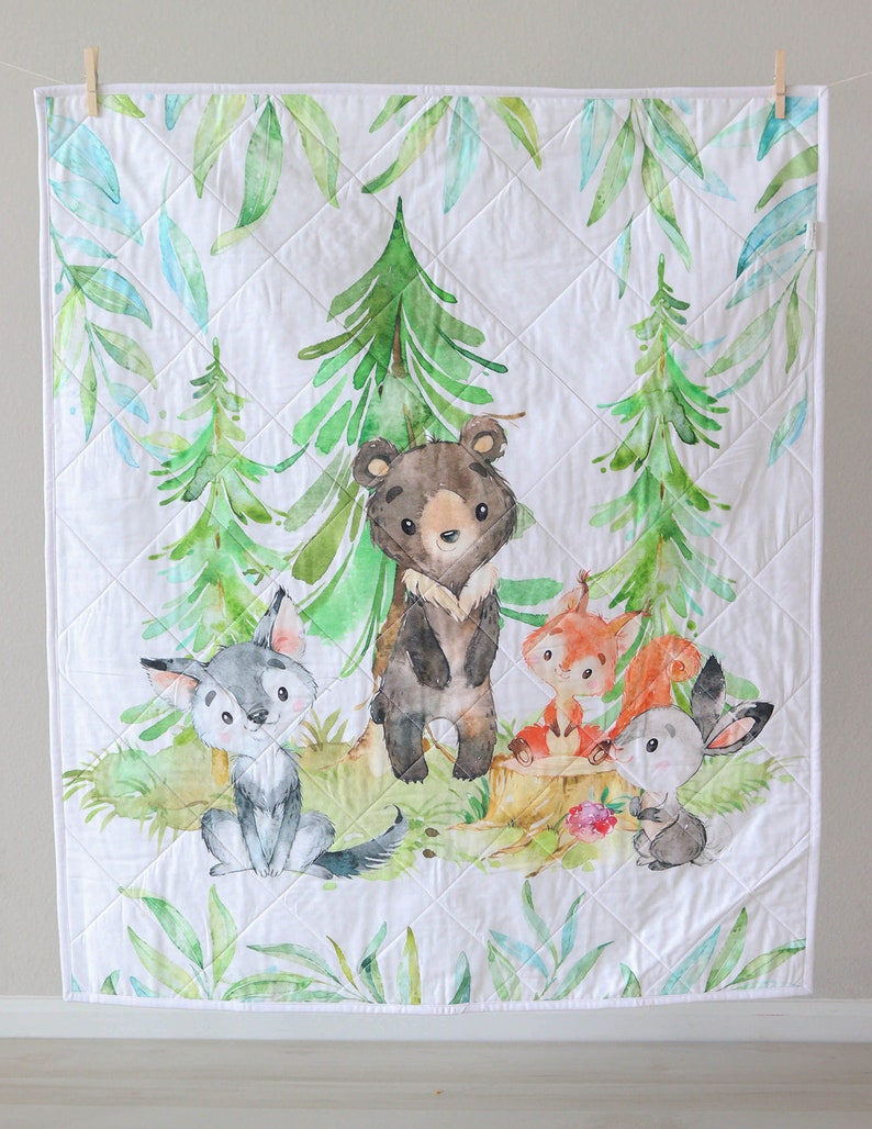 GREEN WOODLAND ANIMALS Baby Quilt, Forest Animals Personalized Quilts ...