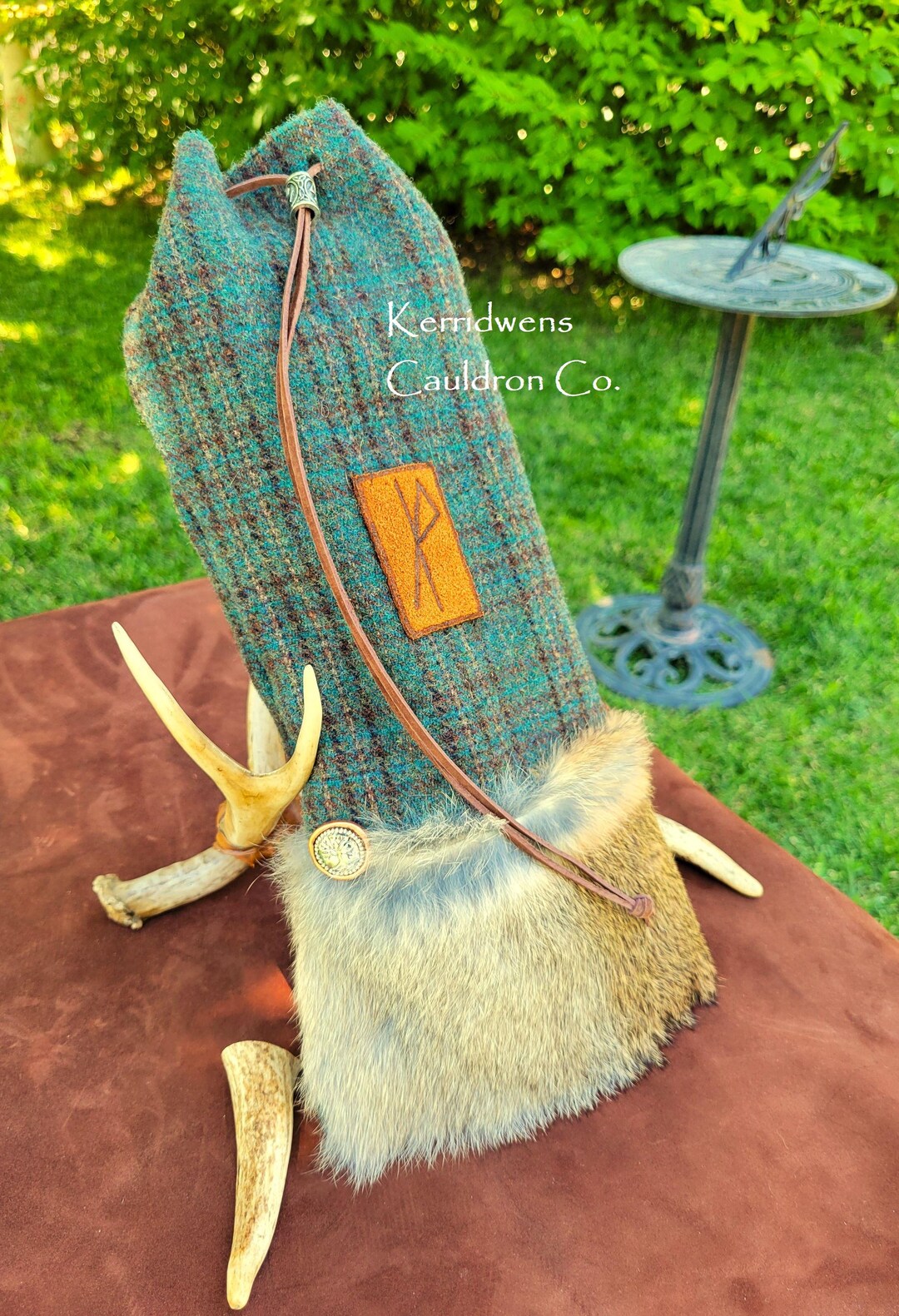 100% Wool Rabbit Bindrune Suede Leather Drawstring Pouch Bag, Viking ...