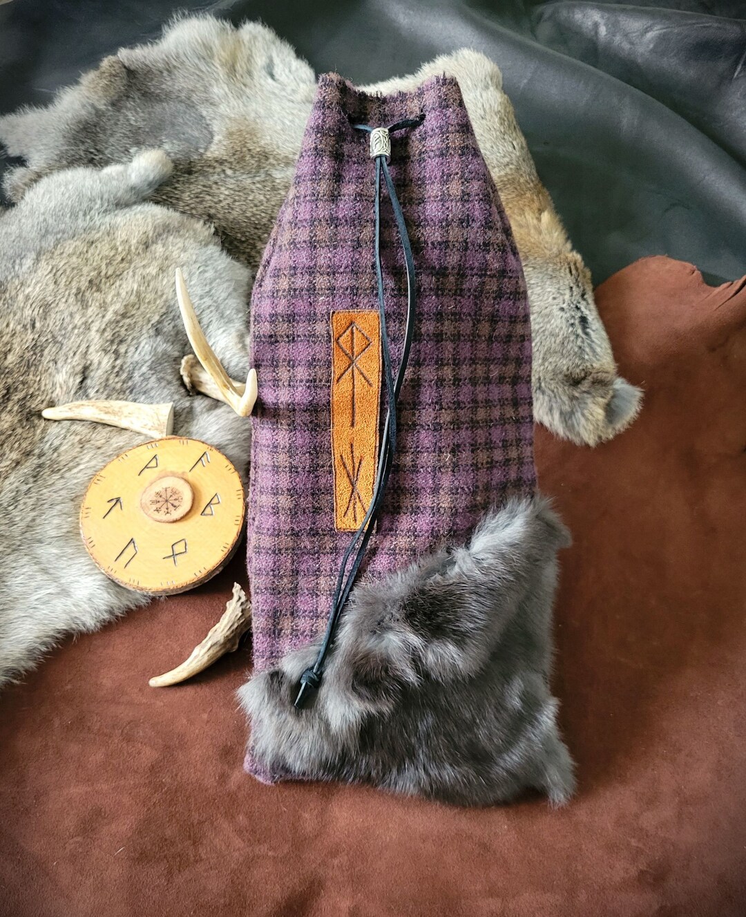 14 Wool & Rabbit Bindrune Suede Leather Drawstring Pouch, Viking, Norse ...