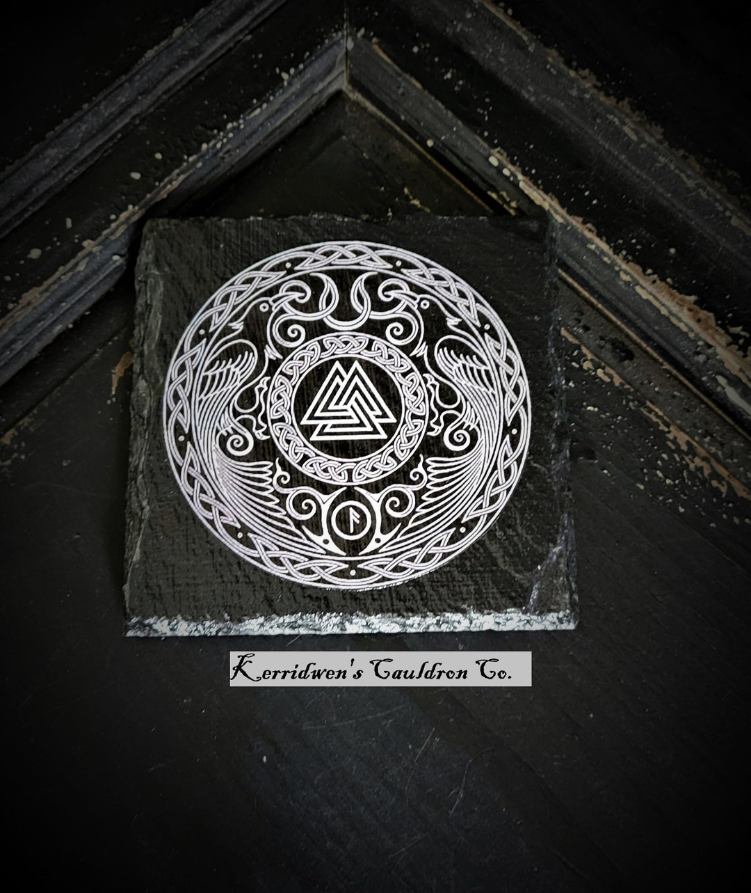 4" Handcrafted Black Slate Tile, Pagan, Pentagram, Year Wheel, Square ...
